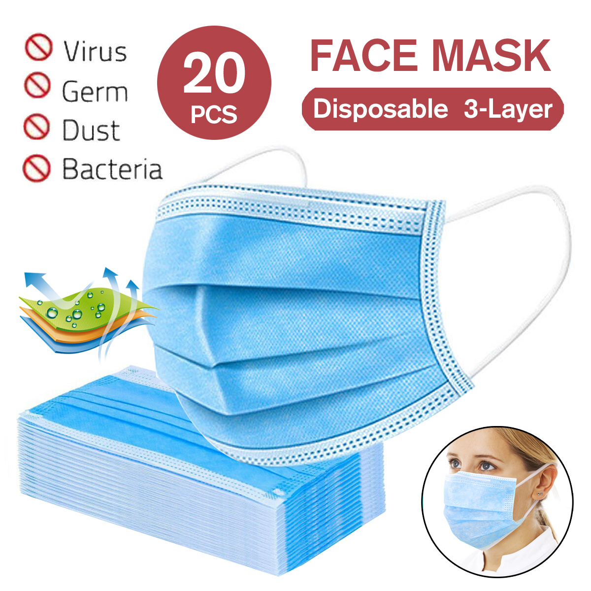 20-PACK Blue Disposable Medical Mouth Face Mask Virus Dust-Proof ...